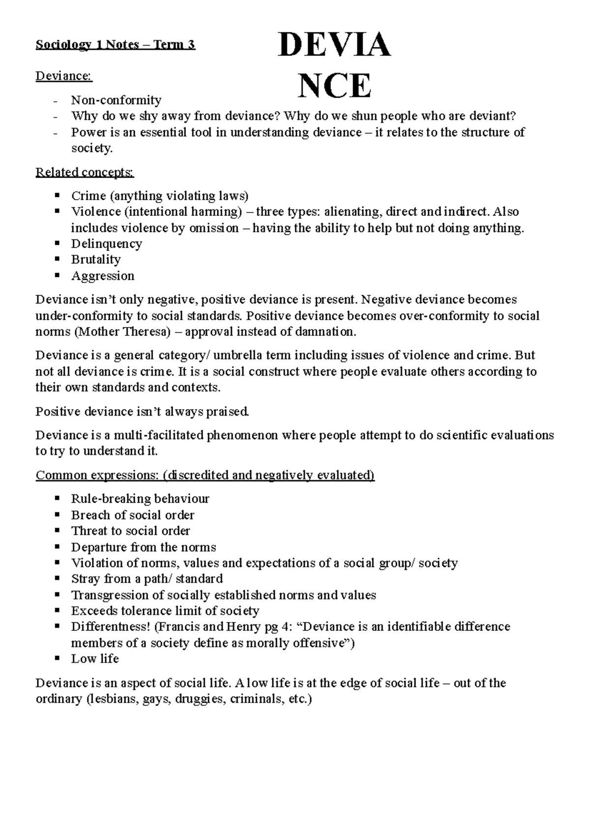 Sociology 1: Detailed Notes on Deviance and Its Perspectives - Studocu