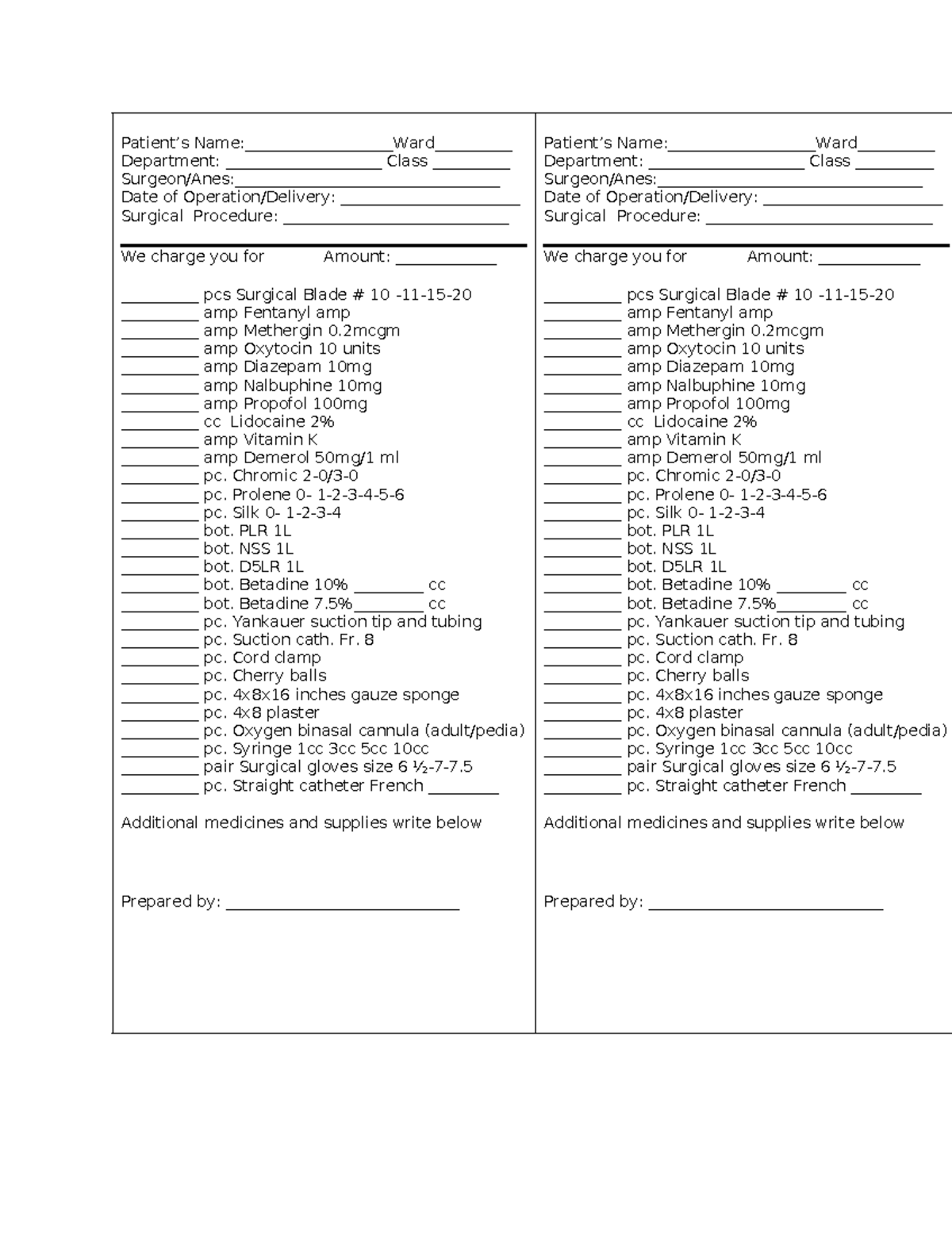 30 OR Minor or DR Charge SLIP - Patient’s Name:_________Ward Department