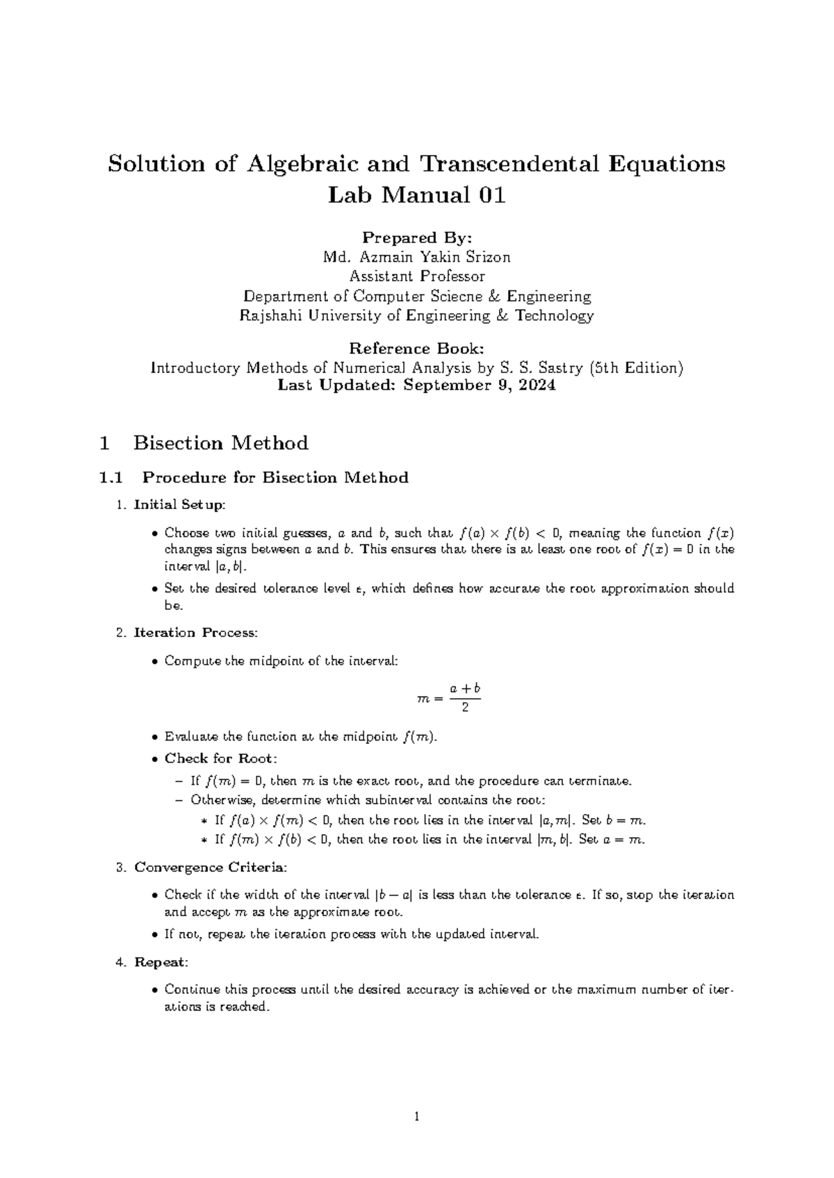 Numerical Methods Lab 01: Solutions for Algebraic & Transcendental ...