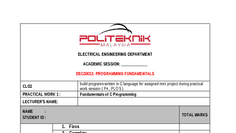 PW1 LAB Sheet: C Programming Fundamentals & Practical Work - Studocu