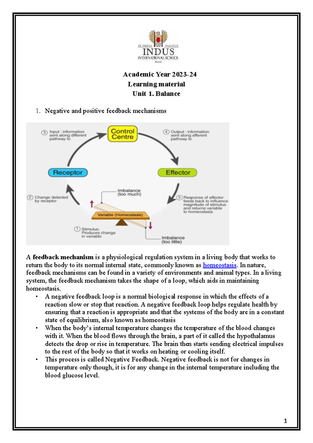 Unit 1: Feedback Mechanisms in Homeostasis - Balance 1 Notes 2 - Studocu