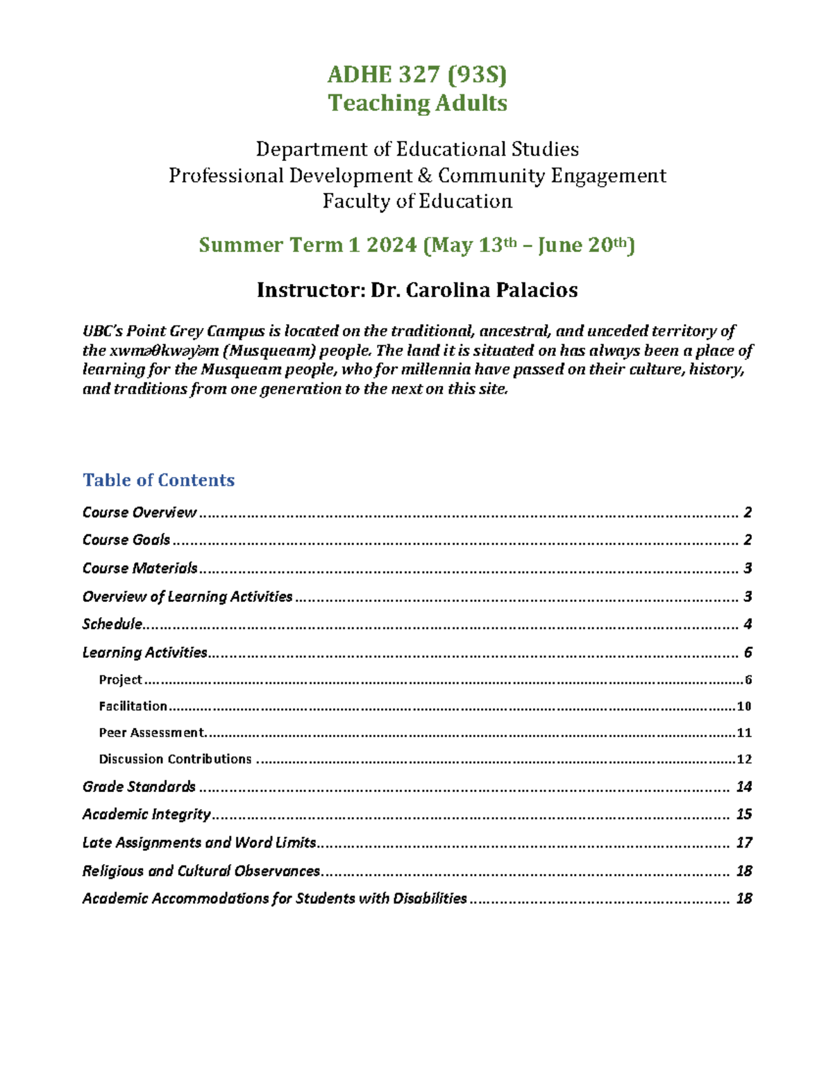 ADHE 327 Summer 2024 Course Outline & Syllabus Overview - Studocu