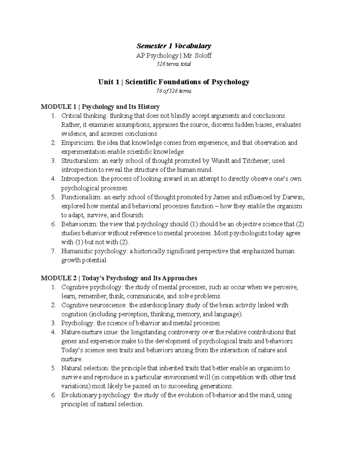 AP Psych (Semester 1) Complete Vocabulary List (326 Terms) - Studocu