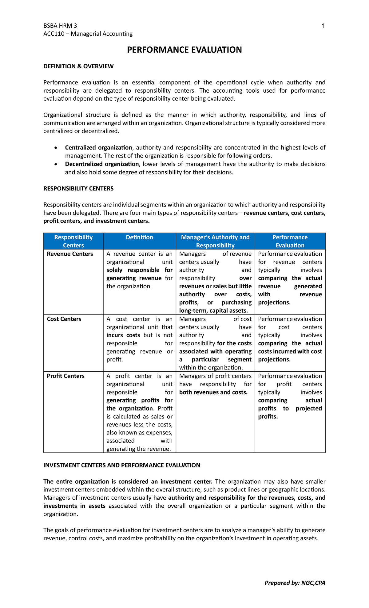 BSBA HRM ACC110 Performance-Evaluation - ACC11 0 – Managerial Accoun7ng ...