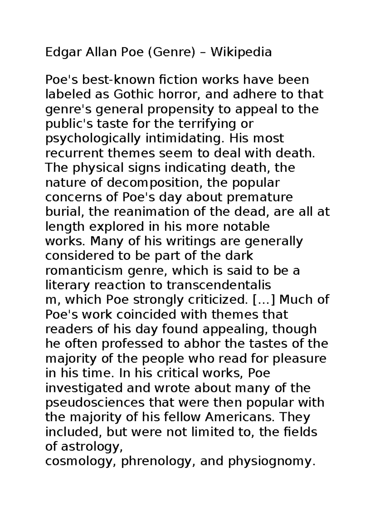 Edgar Allan Poe: Gothic Horror & Dark Romanticism Analysis - TKT - Studocu