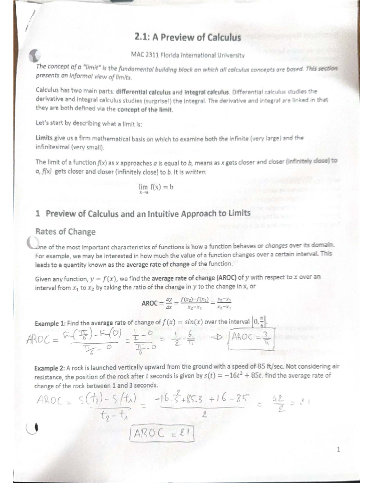 2.1: Preview of Calculus and Limits - MAC 2311 Notes - Studocu