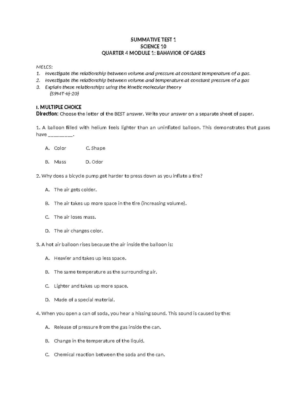 Science 10 - Summative Test 1.1: Behavior of Gases - Q4 - Studocu
