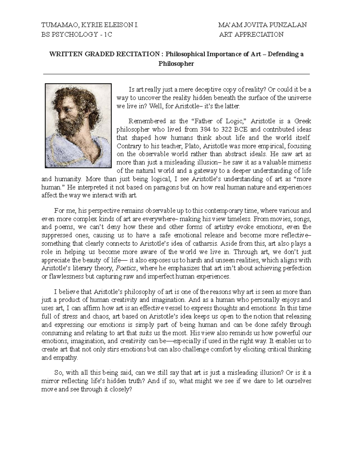 BS PSYCHOLOGY 1C: Art Appreciation Graded Recitation on Aristotle's ...