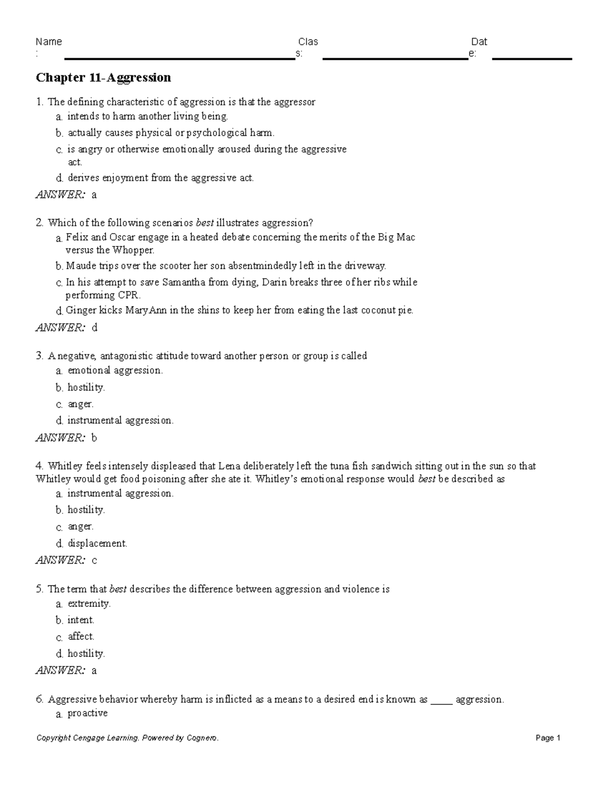 Chapter 11 Aggression - Testbank to help you study for the tests ...