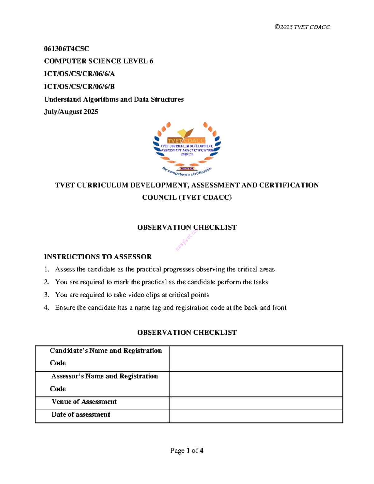 TVET CDACC 061306T4CSC Level 6 Practical Checklist: Algorithms & Data ...
