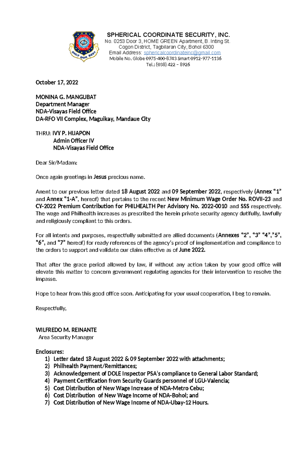 Letter to NDA-Visayas Field Office Regarding Wage Compliance - Studocu