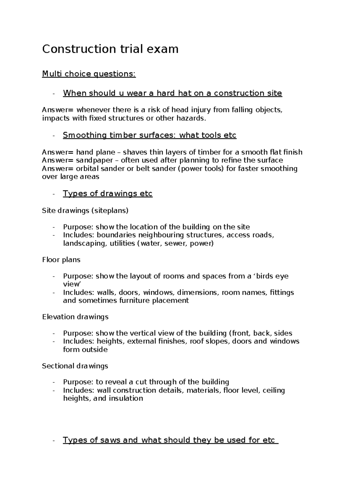 Construction Trial Exam: Multiple Choice & Short Answer Questions - Studocu