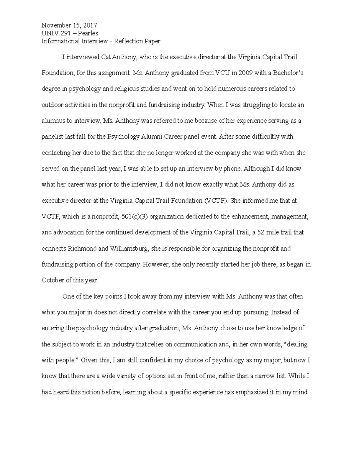 Informational Interview - Reflection Paper - November 15, 2017 UNIV 291 ...