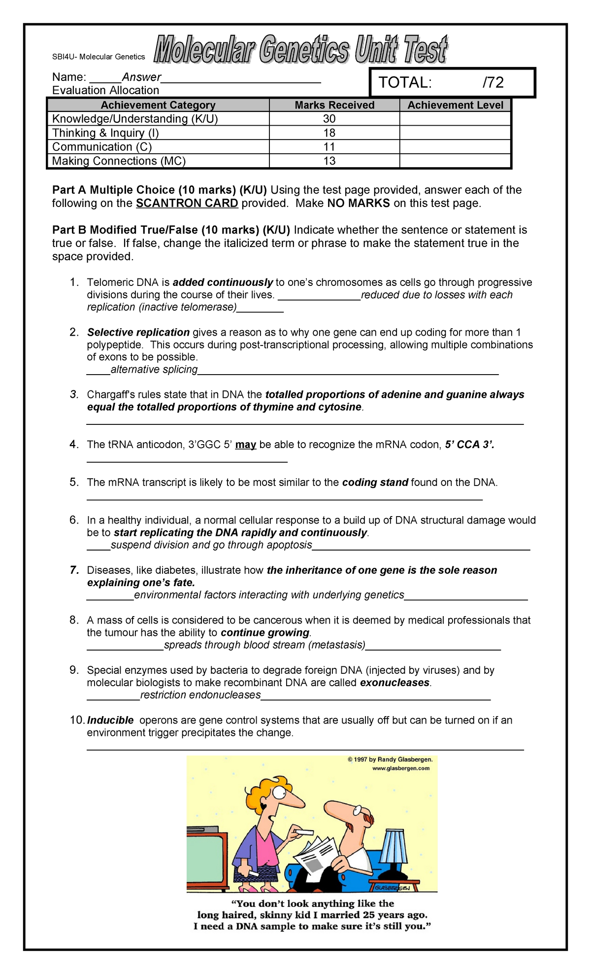 Sbi4umoleculargeneticstest-fall2011 answers 1 - SBI4U- Molecular ...