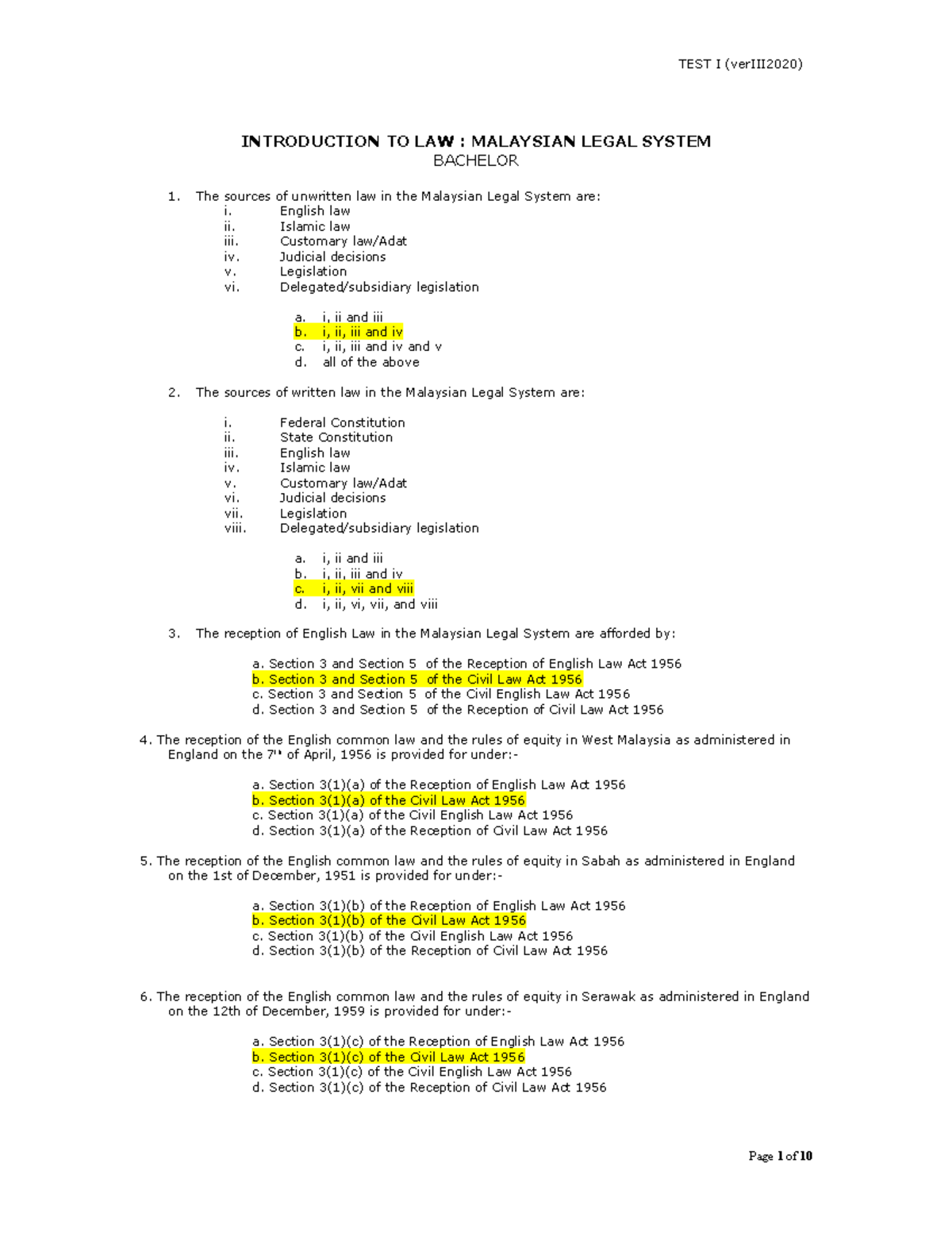 2020 - TEST 1 - Malaysian Legal System - Copy - INTRODUCTION TO LAW ...