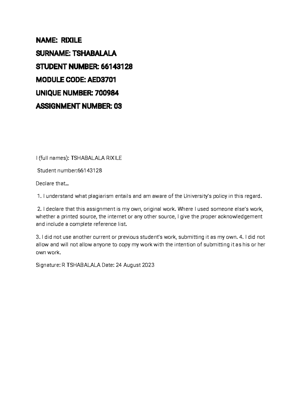 AED3701 assessment 03 - I got 100% - NAME: RIXILE SURNAME: TSHABALALA ...