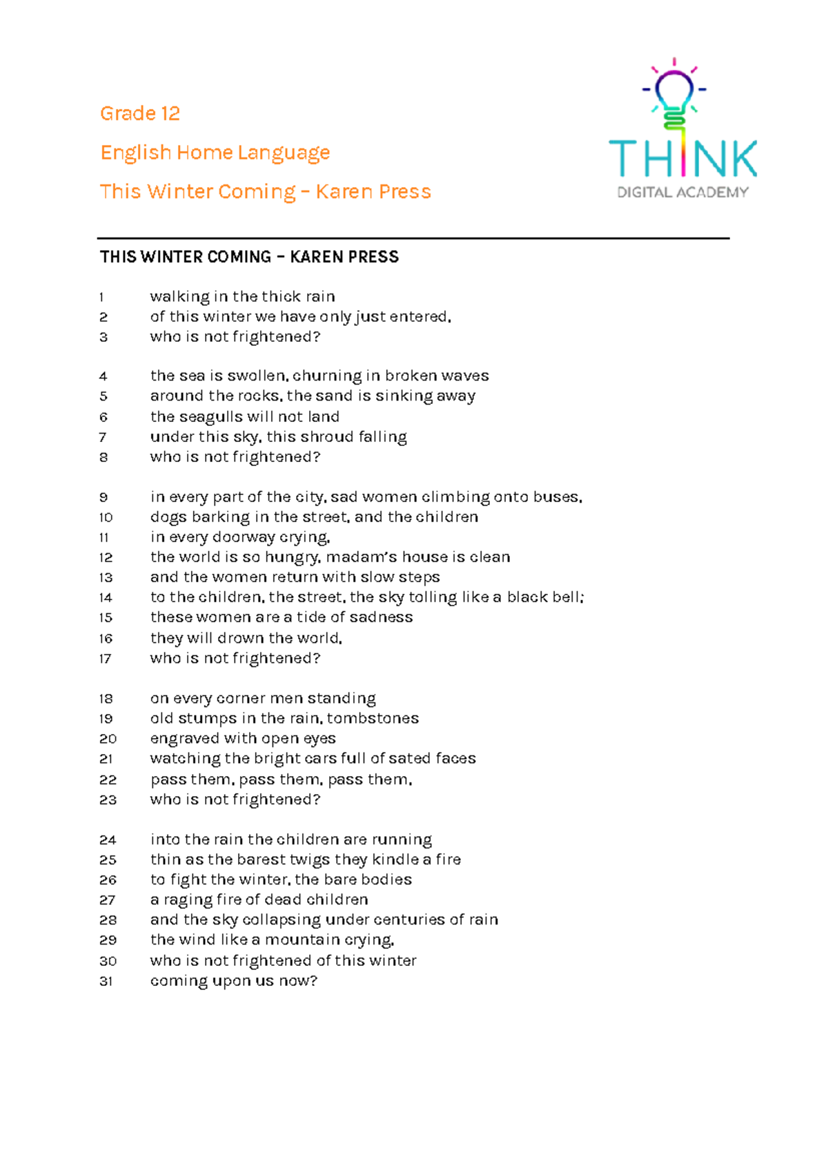 Grade 12 English HL: Analysis of "This Winter Coming" by Karen Press ...