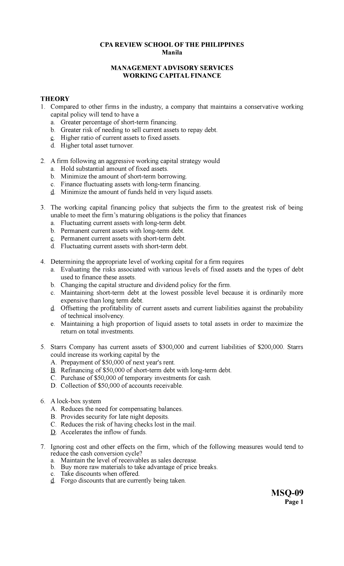 Working Capital Finance Theory Notes - CPA Review - Studocu