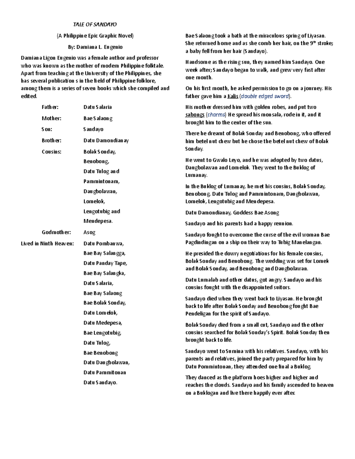 The Tales of Sandayo Summary Notes and - Oblicon - Xavier - Studocu