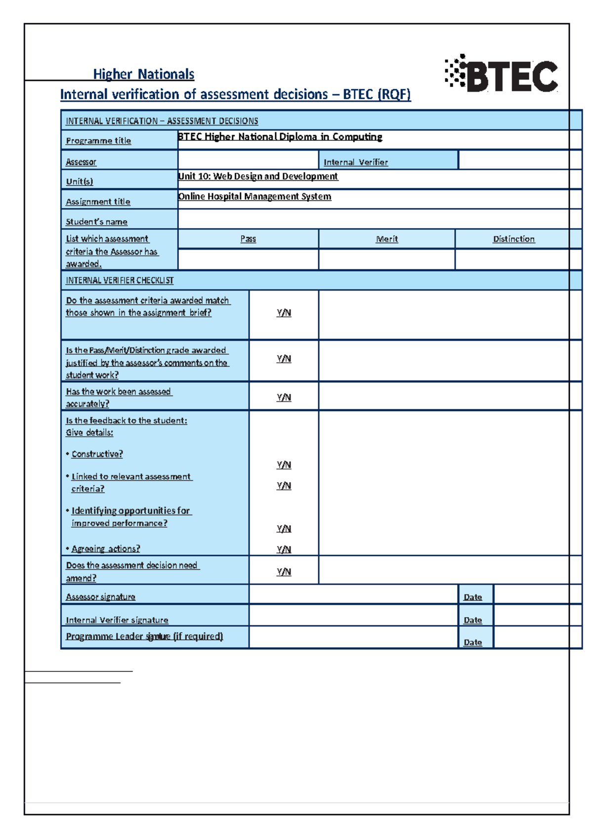 BTEC HND Computing - Unit 10: Web Design & Dev Internal Verification Guide - Studocu