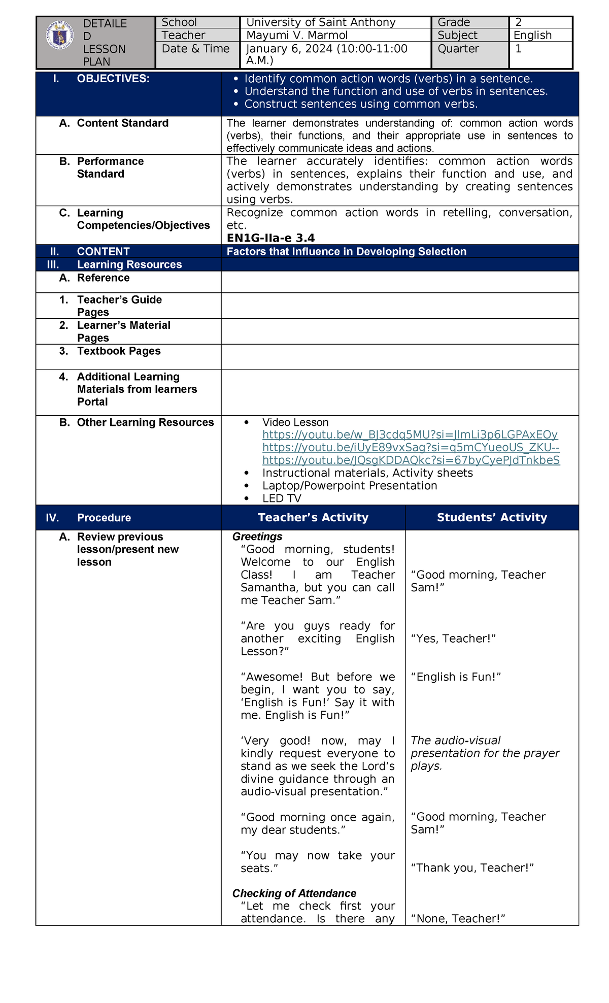 Detailed Lesson Plan on Common Action Words (Verbs) EN1G-IIa-e 3 - Studocu