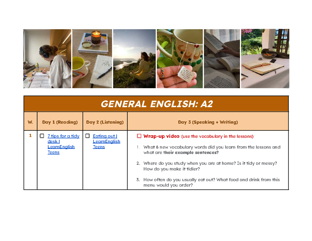 GENERAL ENGLISH A2: Self-Study Plan & Vocabulary Lessons - Studocu