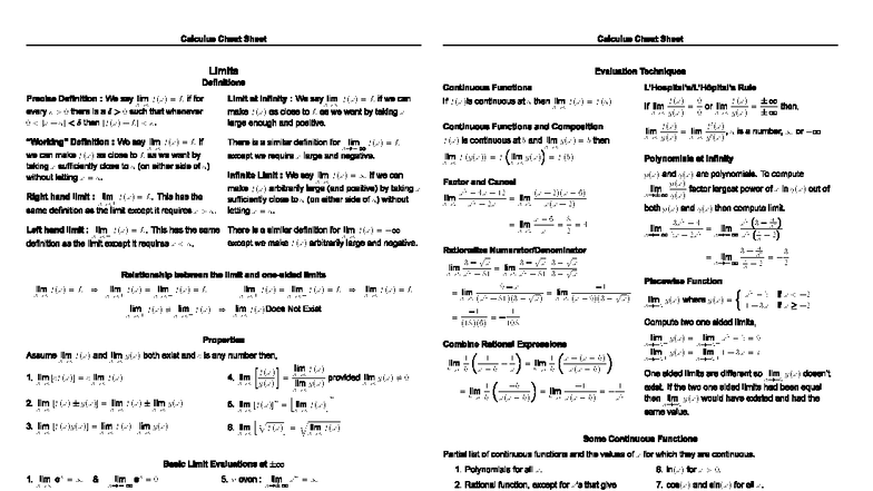 Calculus Cheat Sheet: Limits, Derivatives, and Integrals Overview - Studocu
