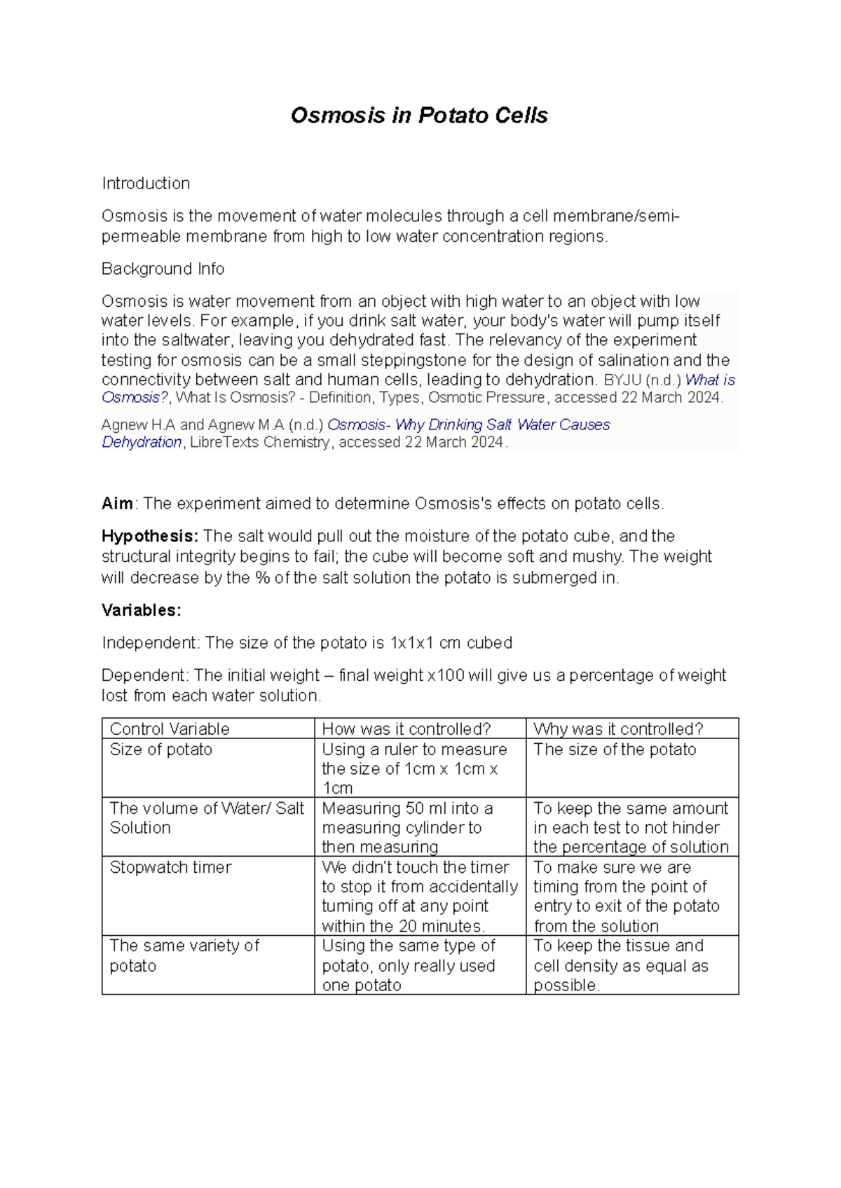 Osmosis Experiment Report - Analysis of Potato Cells (Bio 101 Prac) - Studocu