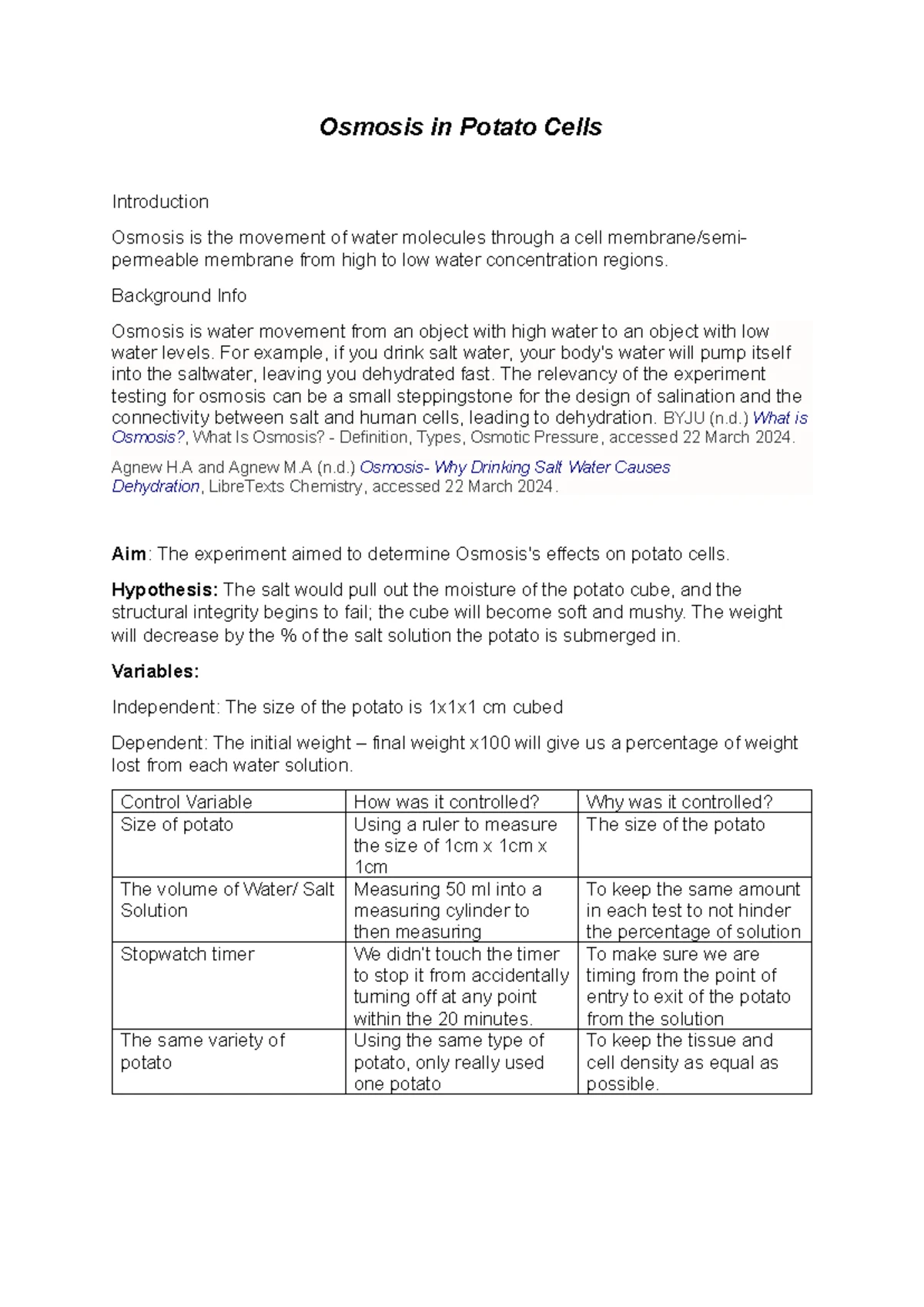 **Investigating Osmosis in Potatoes: Effect of Salt Concentration ...