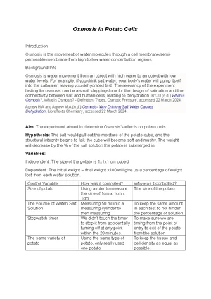 Osmosis Experiment Report - Analysis of Potato Cells (Bio 101 Prac ...
