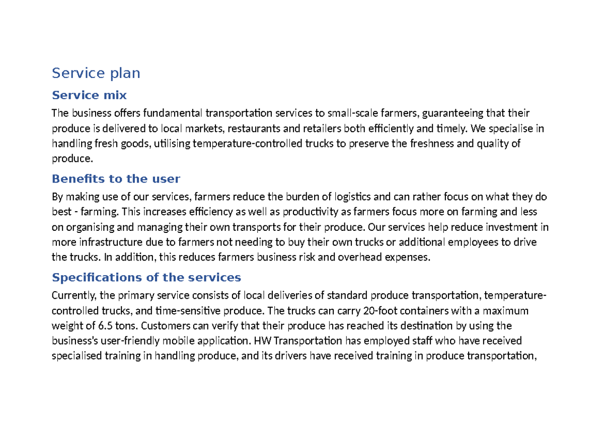 Assignement draft - Random - Service plan Service mix The business ...