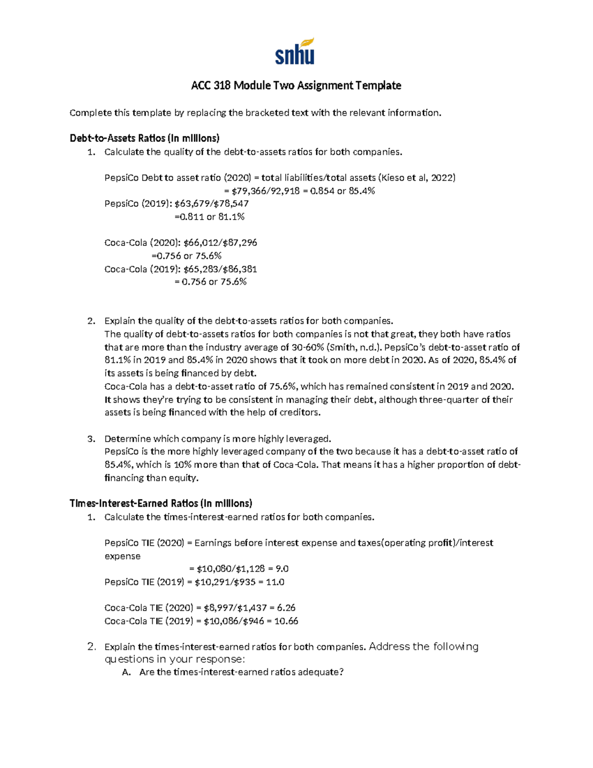 ACC 318 Module Two Financial Ratios Assignment Analysis - Studocu
