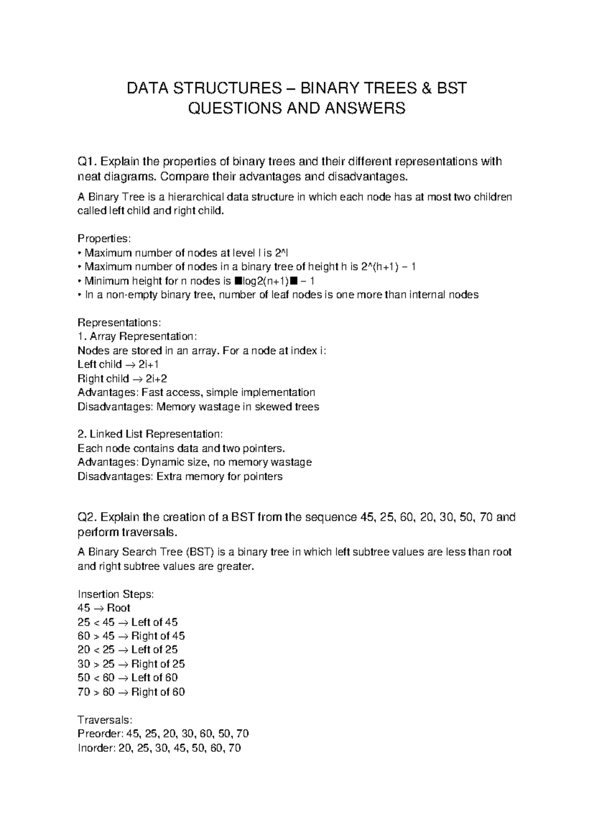 DS Binary Trees: Complete Q&A on BST Concepts and Techniques - Studocu