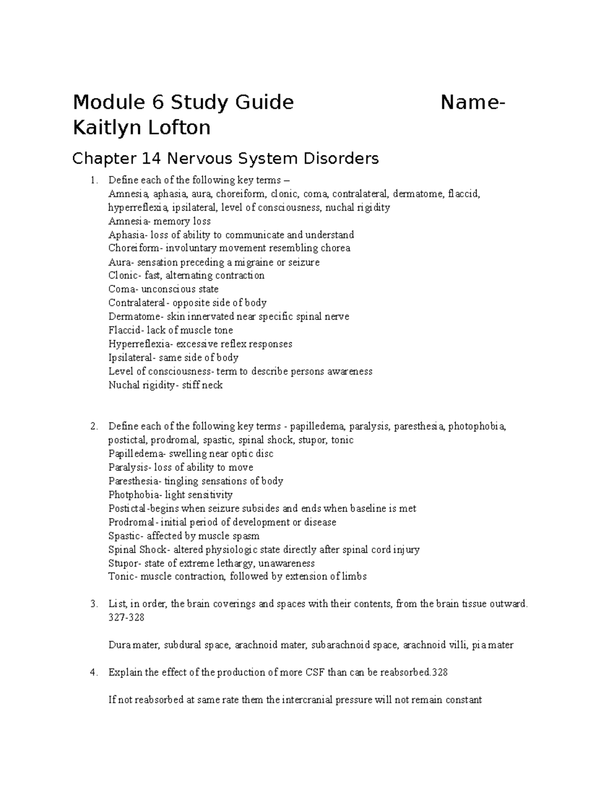 Module 6 study guide: Nervous system disorders and pathophysiology ...