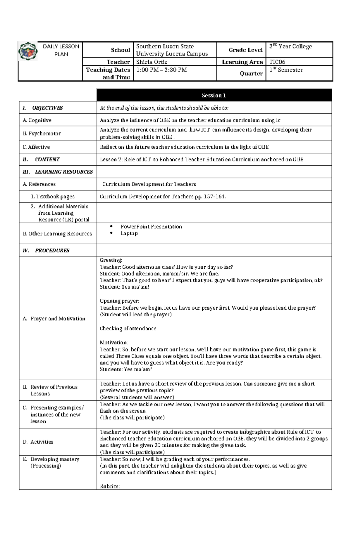ICT 103 - Detailed Lesson Plan Sample: Enhancing Teacher Education with ...