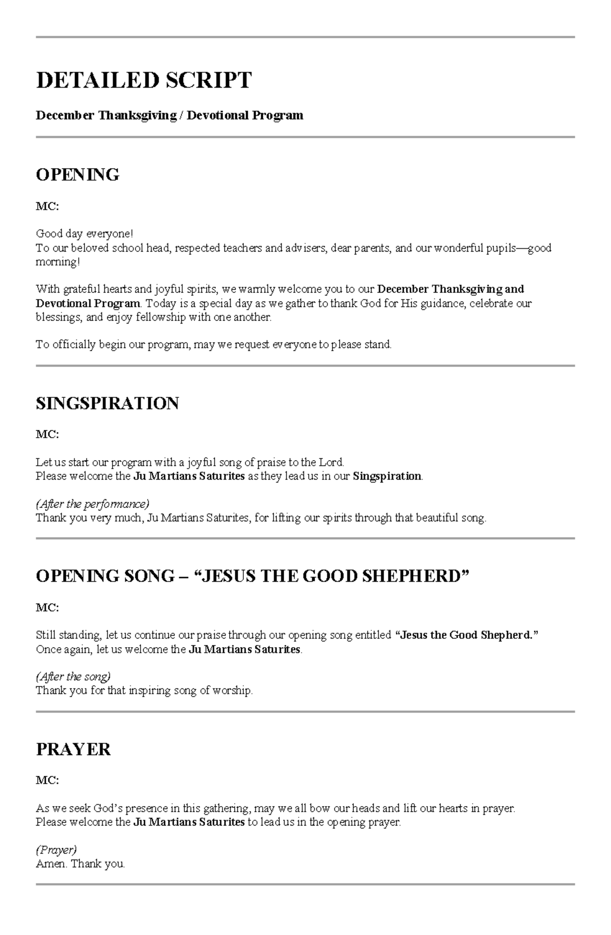 Detailed Script for Emcee: December Thanksgiving Devotional Program ...