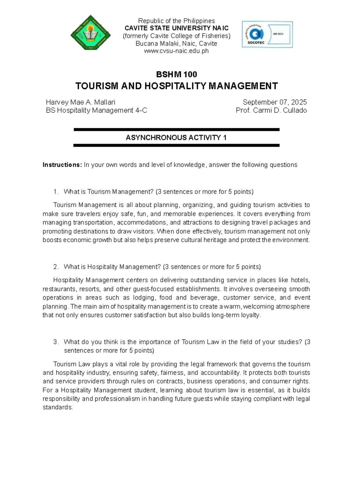 BSHM 100 Asynchronous Activity 1: Tourism & Hospitality Insights - Studocu