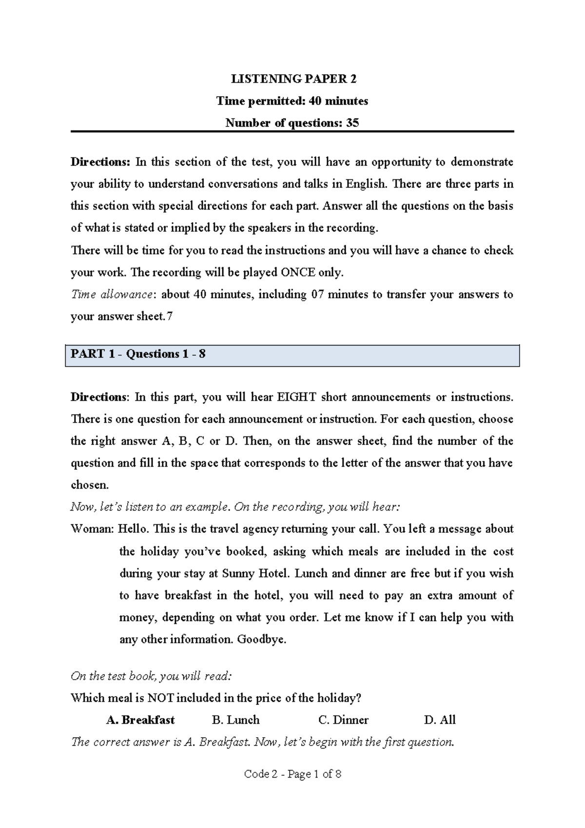 VSTEP Listening Paper 2: Test 2 Overview and Instructions - Studocu