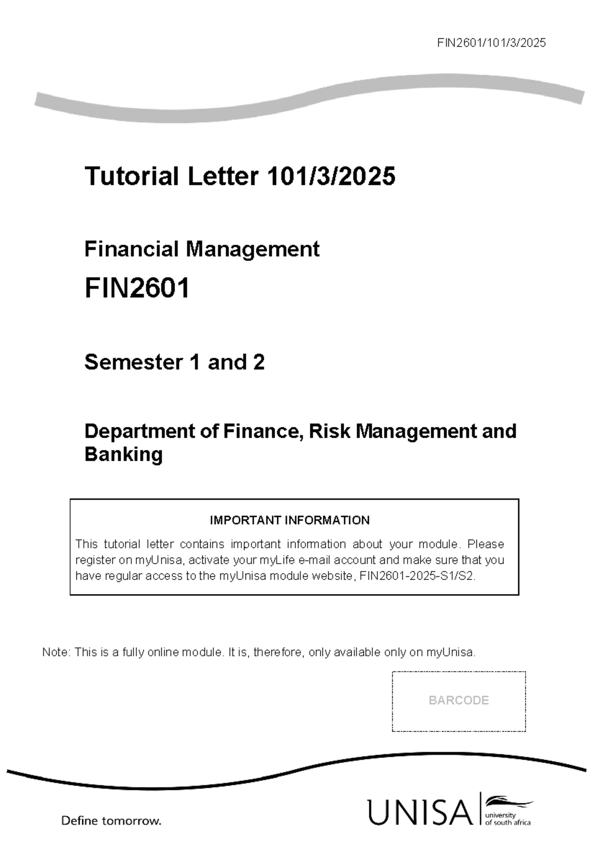 FIN2601 - Tutorial Letter 101/3/2025: Financial Management Overview ...