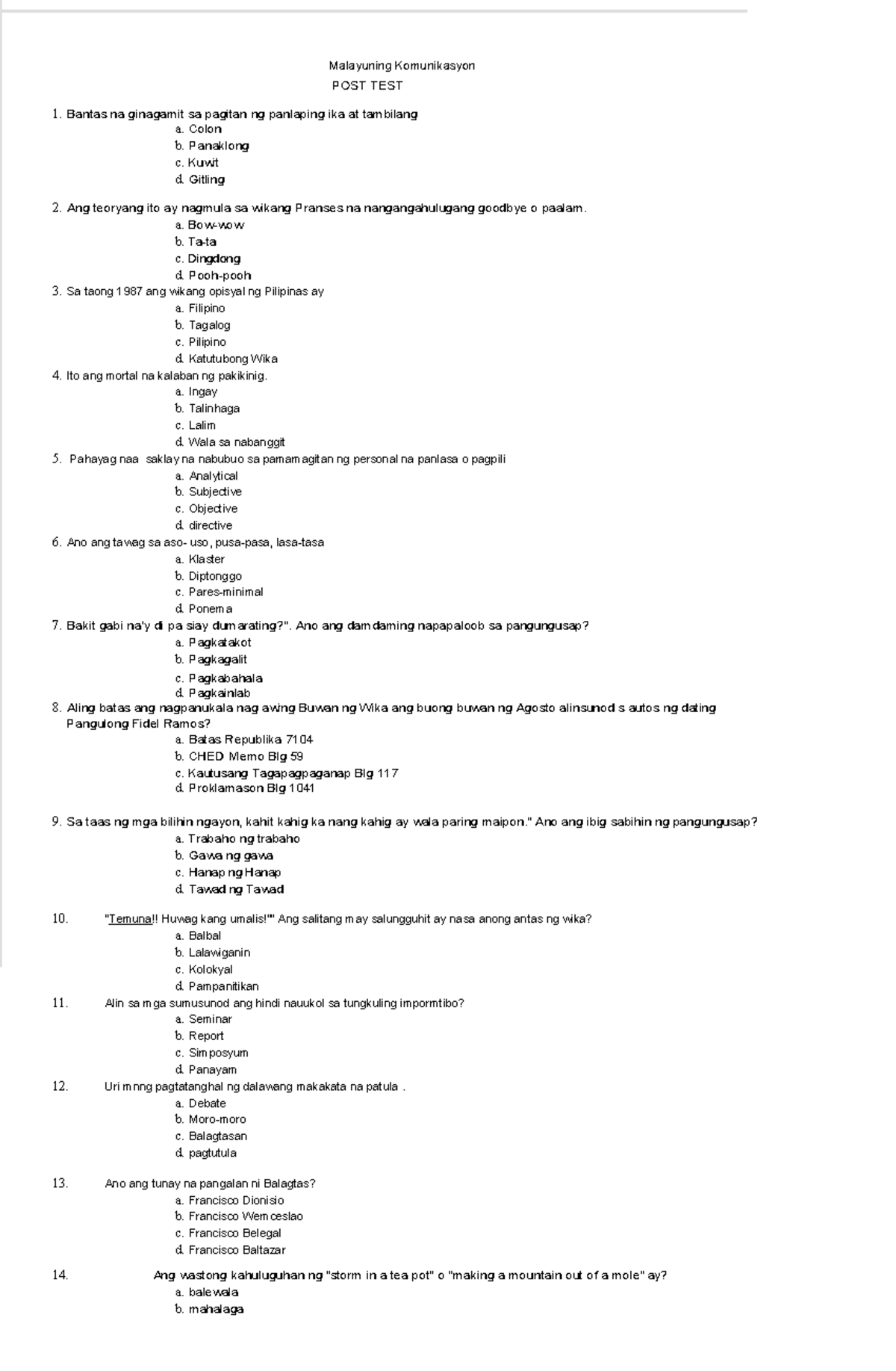 GE-POST TEST: Practice Materials in General Education - Studocu