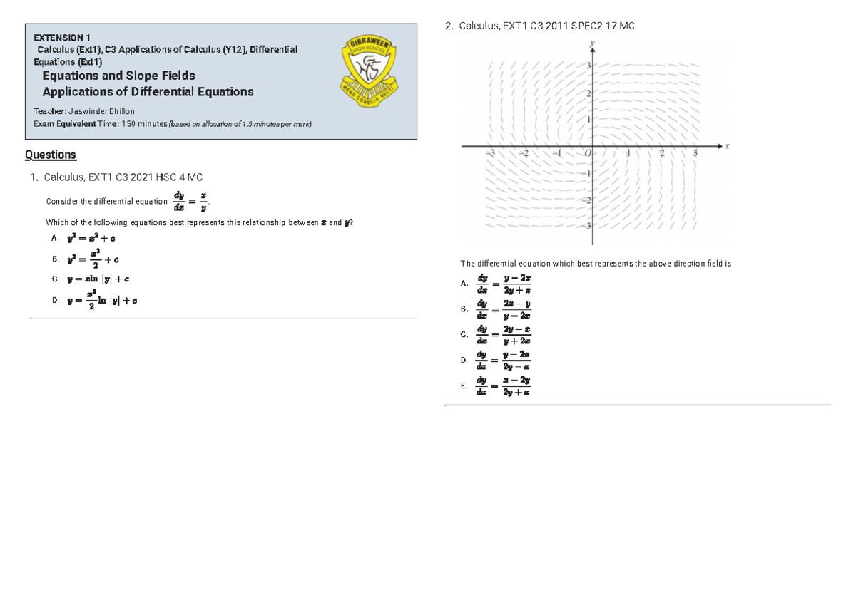Differential Equations (Ext1) C3: Smarter Maths Worksheet 2011-2022 ...