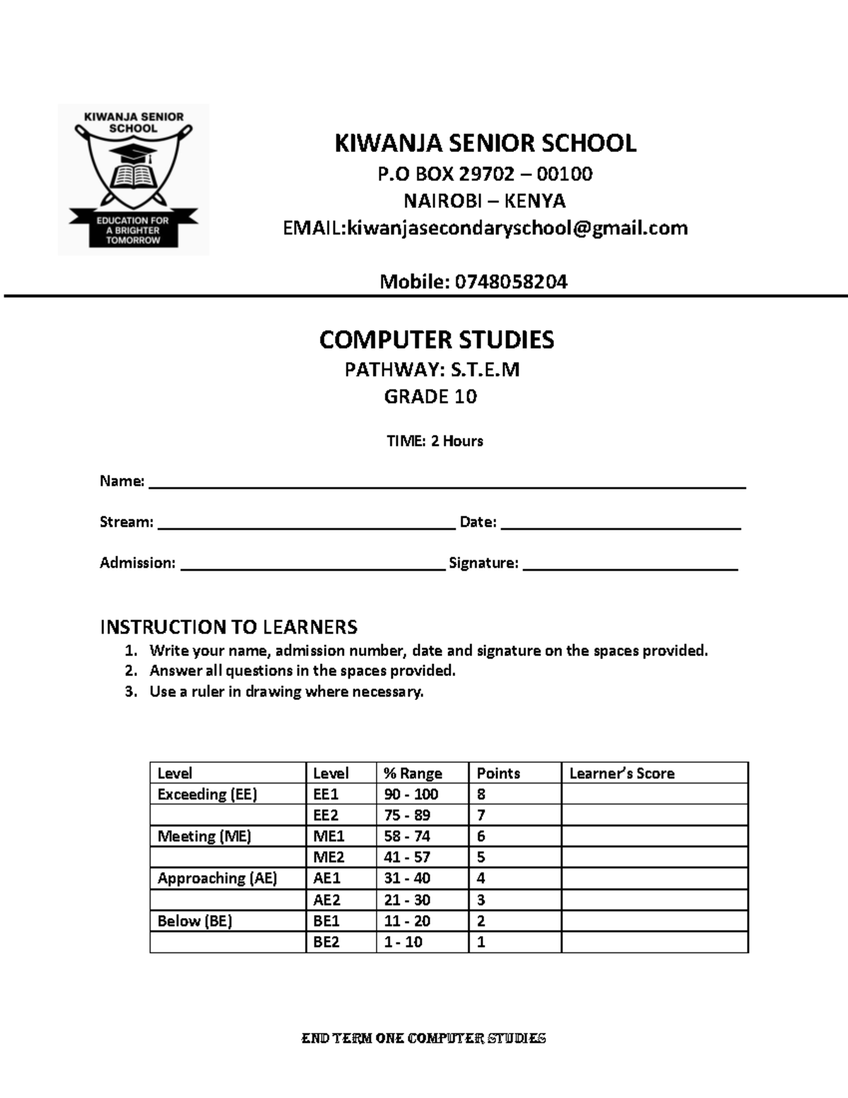Computer Studies Grade 10 End Term Assessment - Final Exam - Studocu