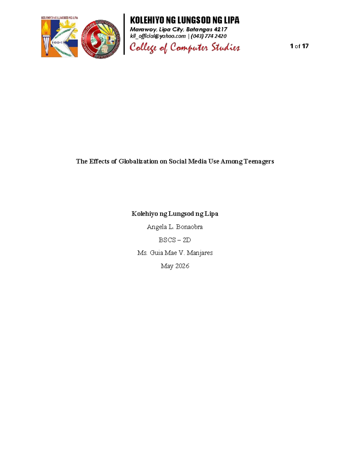 BSCS 2D Final Exam: The Impact of Globalization on Teen Social Media ...