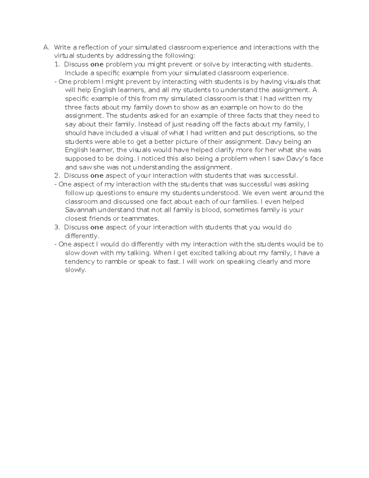 Teacher Simulation - A. Write a reflection of your simulated classroom experience and ...