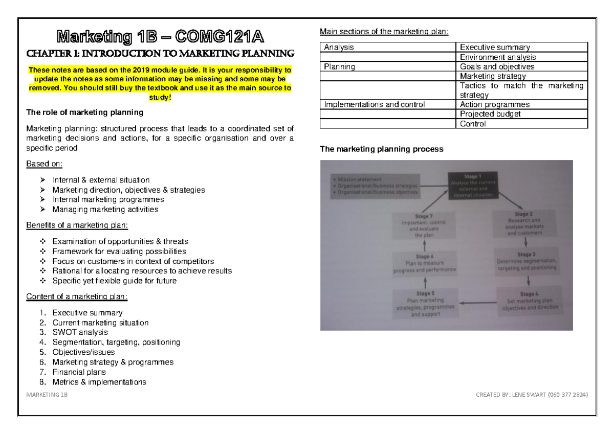 Marketing 1B - Comprehensive Chapter Notes on Planning Strategies - Studocu