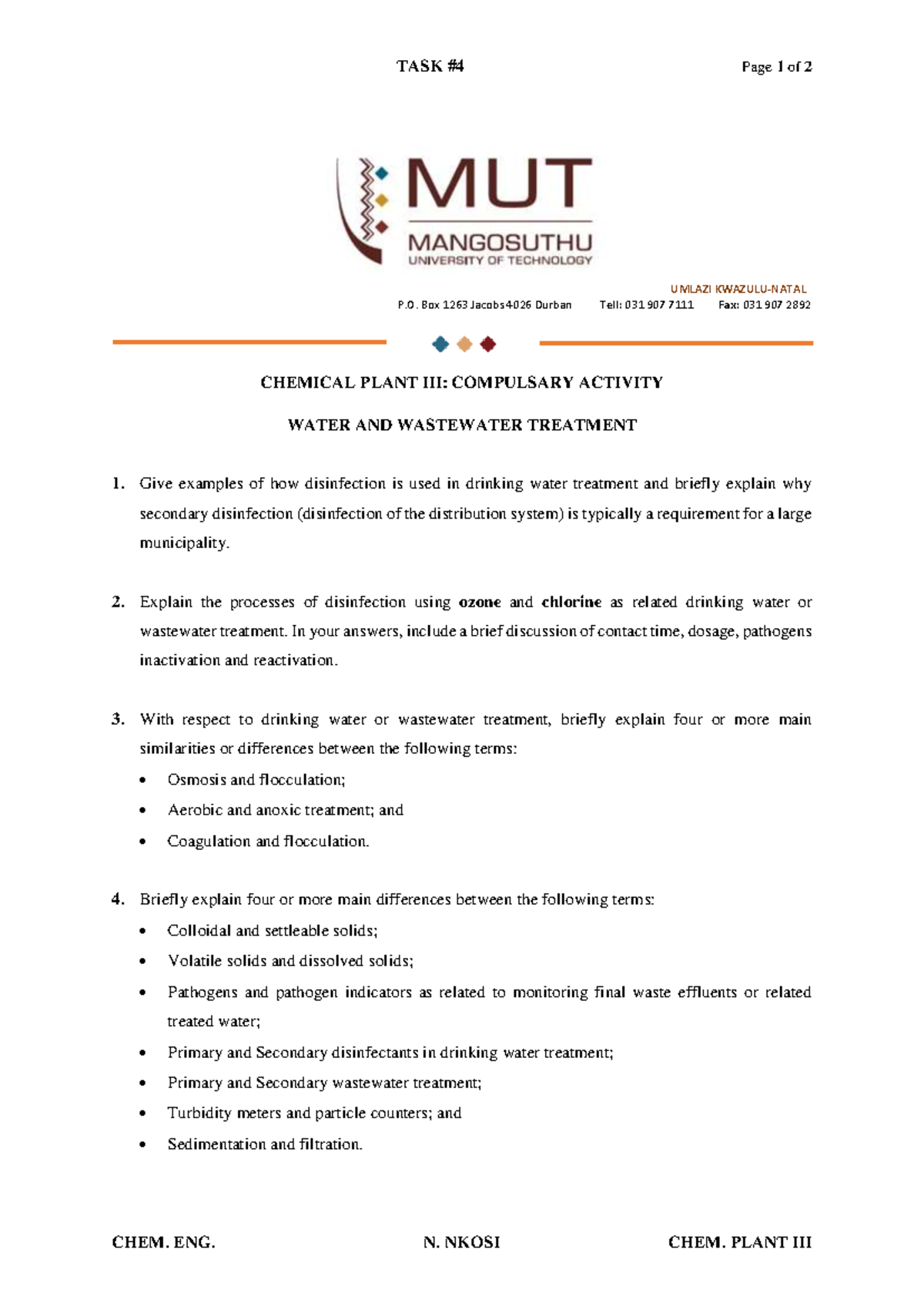 TASK 4 WATER AND WASTEWATER TREATMENT - TASK #4 Page 1 of 2 CHEM. ENG ...