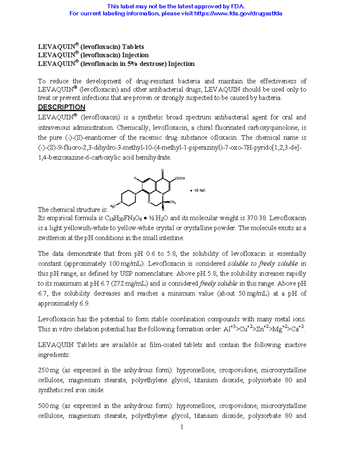 Levofloxacin (LEVAQUIN) Label Information and Pharmacology Overview ...