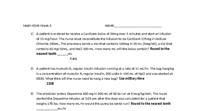 N245 Math Week 5: IV Infusion Calculations & Answers - Studocu