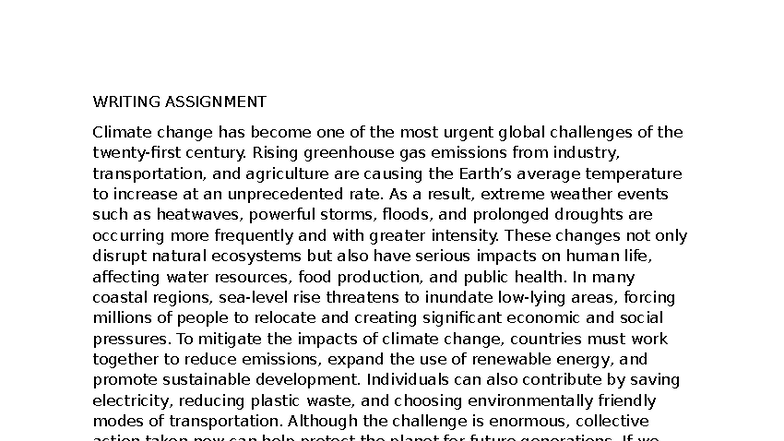 WRITING ASSIGNMENT: Addressing Climate Change Challenges - Studocu