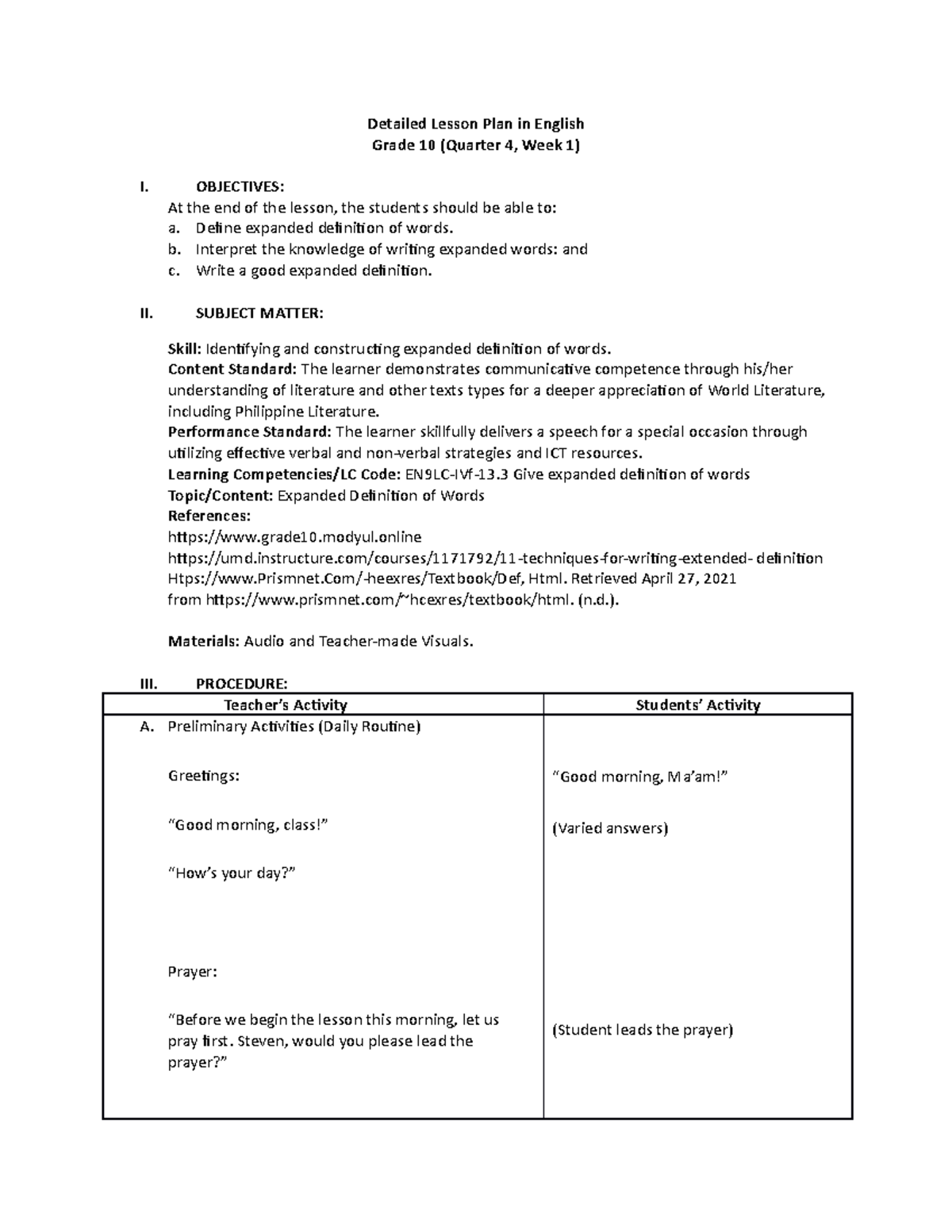 Expanded definition of words DLP - Detailed Lesson Plan in English ...